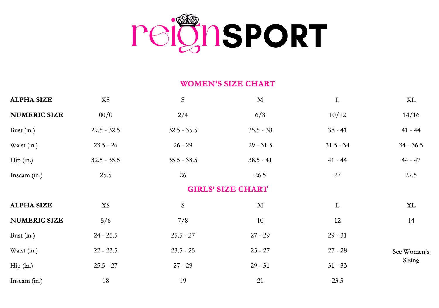 Size Charts & Garment Care – REIGN Sport